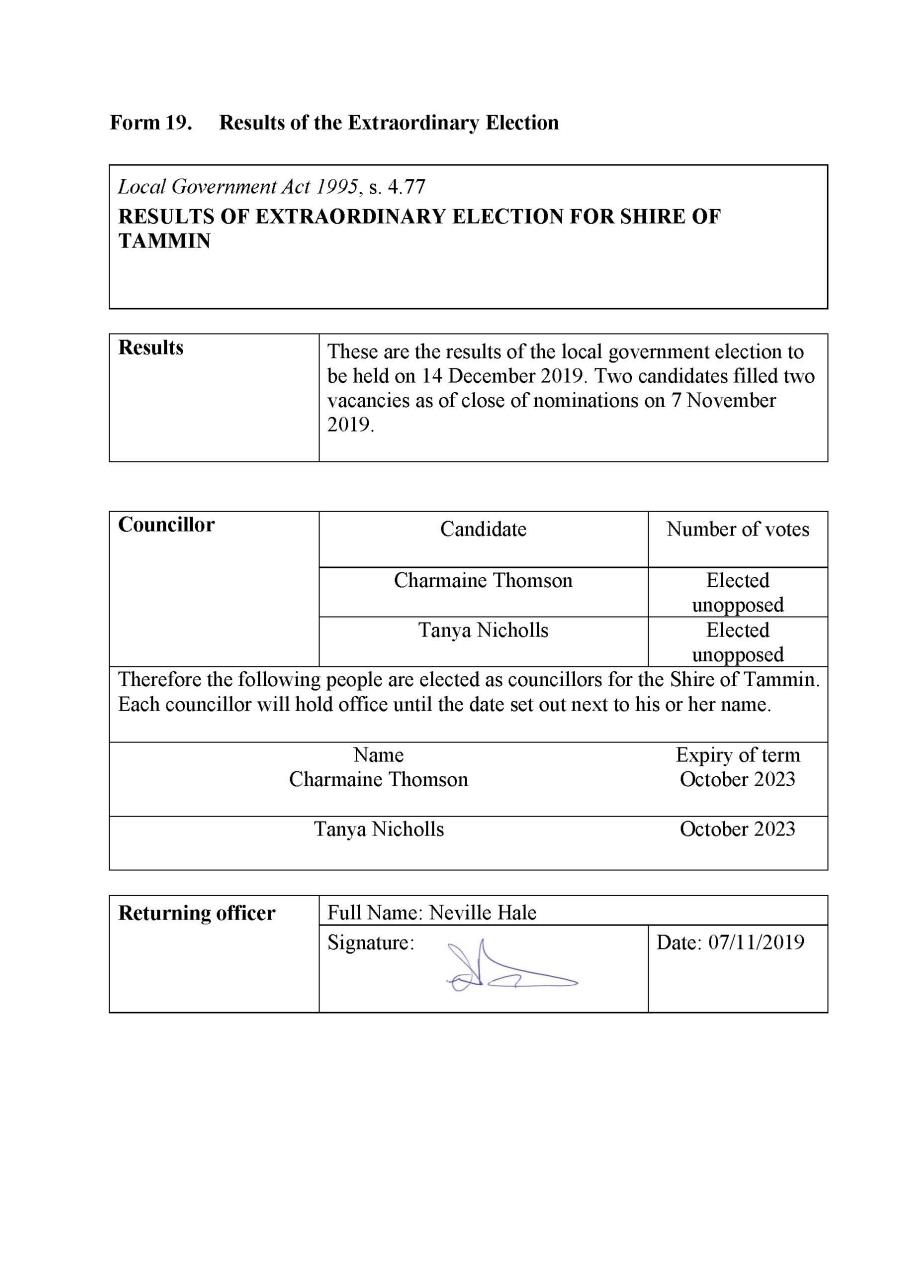 News Story - Results of Extraordinary Election for Shire of Tammin ...